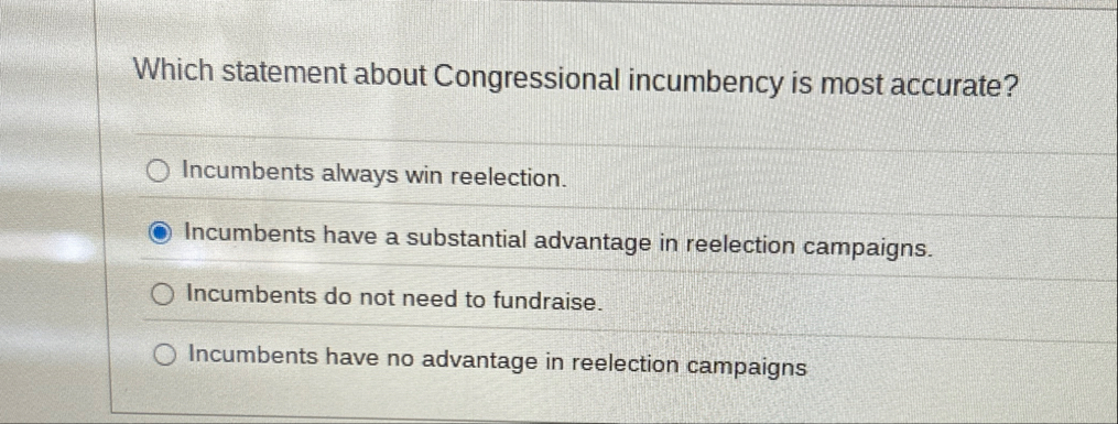 Solved Which statement about Congressional incumbency is | Chegg.com
