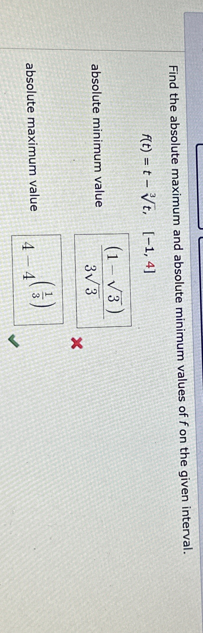 Solved Find the absolute maximum and absolute minimum values | Chegg.com