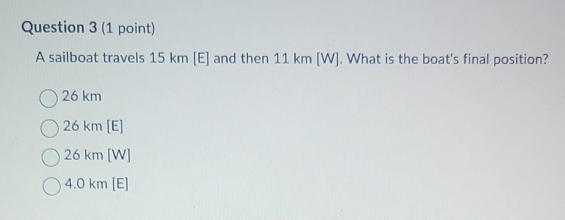 Solved A sailboat travels 15 km [E] and then 11 km [W]. What | Chegg.com