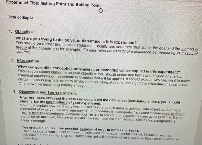 Solved Experiment Title: Melting Point and Boiling Point O | Chegg.com