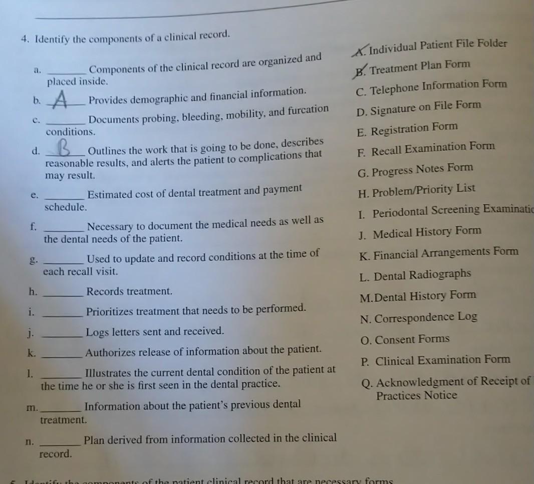 Solved 4. Identify the components of a clinical record. a. | Chegg.com