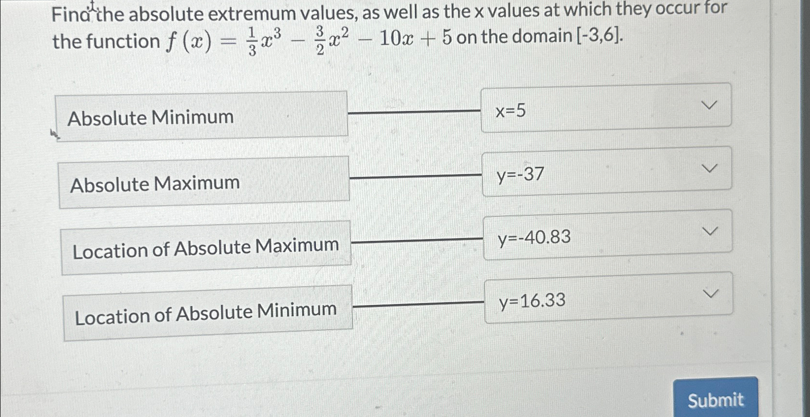 Solved Finat the absolute extremum values, as well as the x | Chegg.com