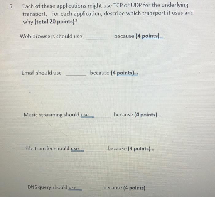 Solved 6. Each of these applications might use TCP or UDP | Chegg.com