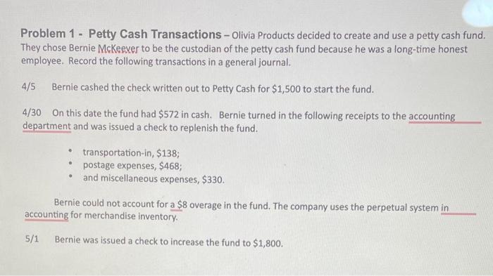 Solved Problem 1 - Petty Cash Transactions - Olivia Products | Chegg.com