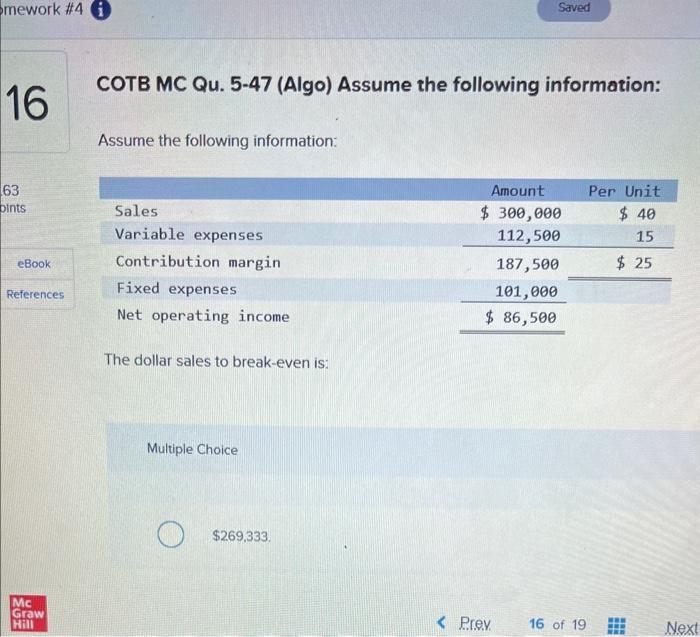 Solved COTB MC Qu. 5-47 (Algo) Assume the following | Chegg.com