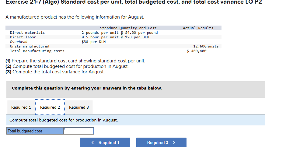 Solved Exercise 21-7 (Algo) ﻿Standard cost per unit, total | Chegg.com