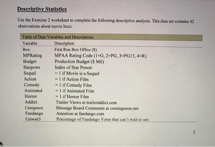 Descriptive Statistics Use the Exercise 2 worksheet | Chegg.com