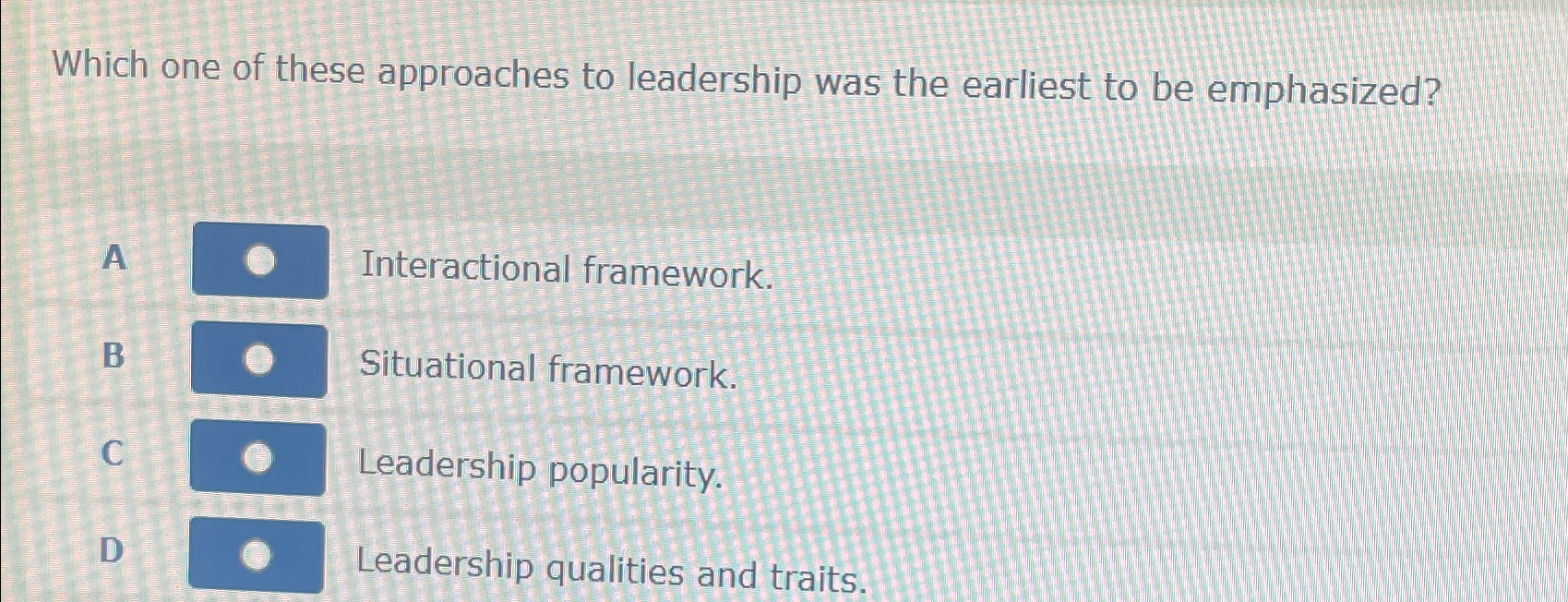 Solved Which one of these approaches to leadership was the | Chegg.com