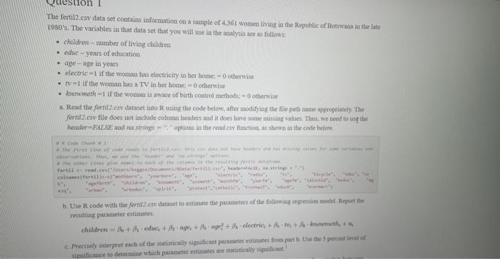 Solved The fertil2. csv data set contains information on a | Chegg.com