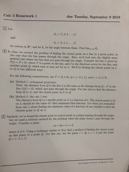Solved Calc 3 Homework 1 due Tuesday, September 9 2019 1 Let | Chegg.com