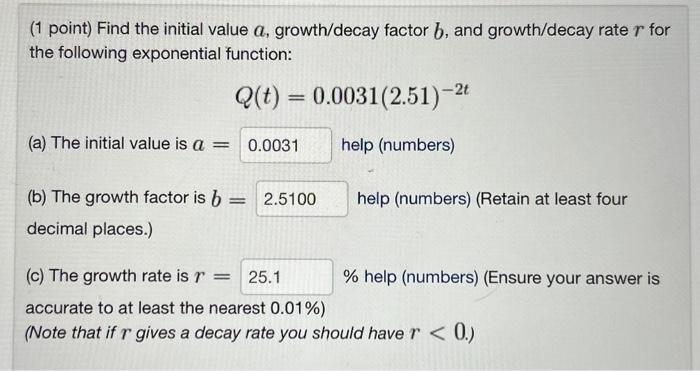 Solved (1 point) Find the initial value a, growth/decay | Chegg.com