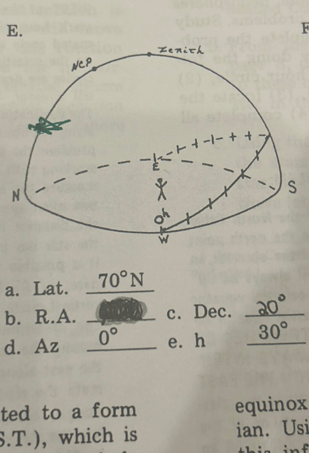 E.a. ﻿Lat. 70°Nb. ﻿R.Ac. ﻿Dec. 20°d. Az 0 ﻿degrees | Chegg.com