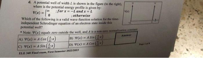 Solved d. A potential well of width L is shown in the figure | Chegg.com