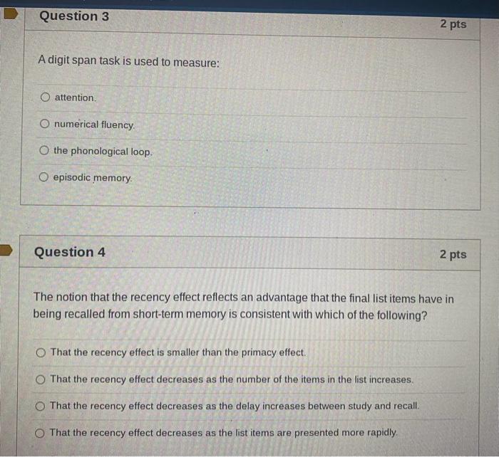 Solved A digit span task is used to measure: attention. | Chegg.com