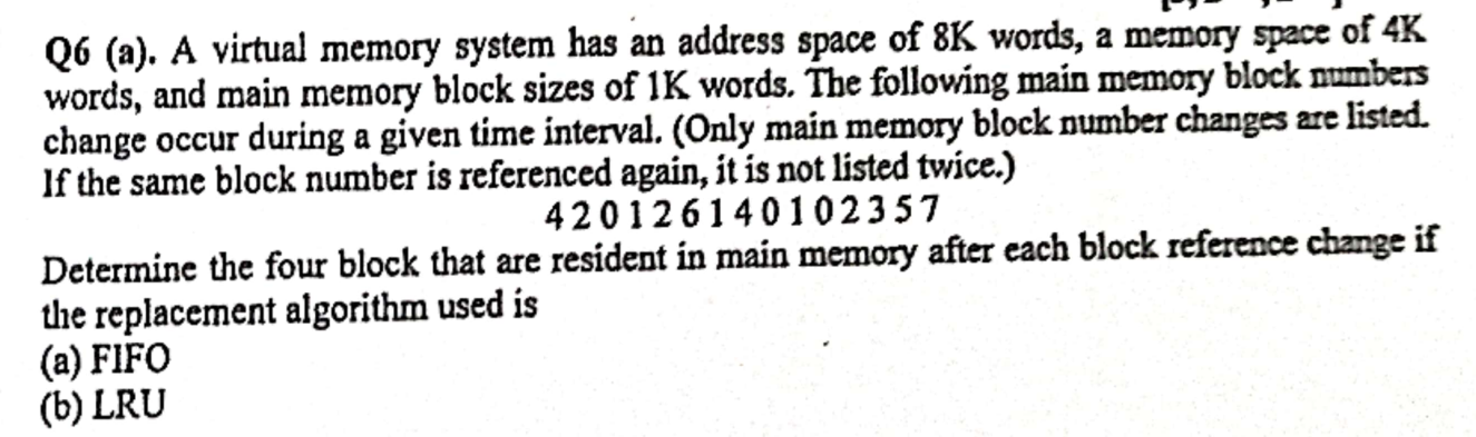 Solved Q6 (a). ﻿A virtual memory system has an address space | Chegg.com