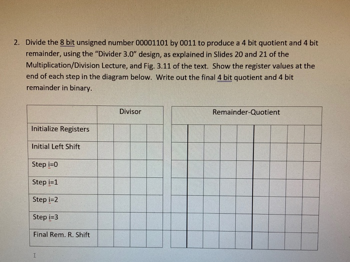 Solved 2. Divide the 8 bit unsigned number 00001101 by 0011 | Chegg.com