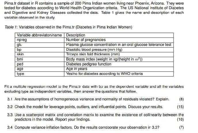 Solved Pima.tr dataset in R contains a sample of 200 Pima | Chegg.com
