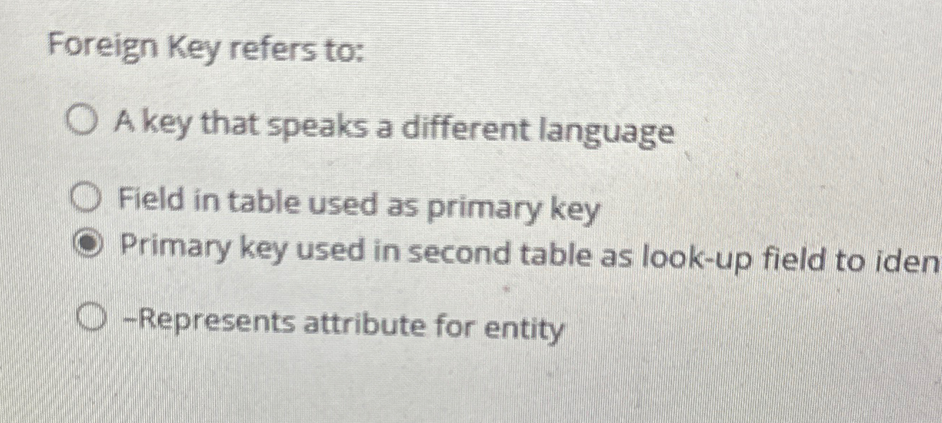 Solved Foreign Key refers to:A key that speaks a different | Chegg.com