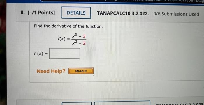 Solved Find the derivative of the function. f(x)=x2+2x3−3 | Chegg.com
