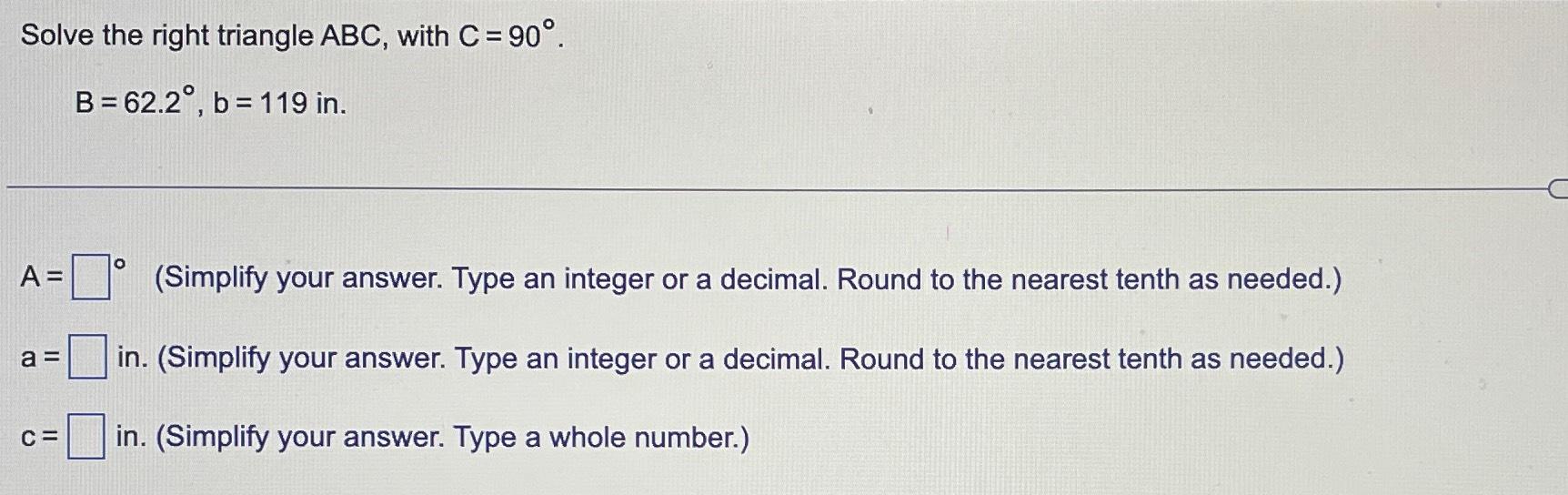 Solved Solve the right triangle ABC, with | Chegg.com