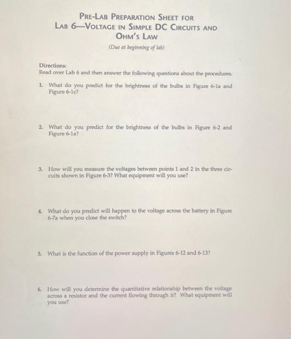 Solved Pre-lab Preparation Sheet for LAB 6-Voltage in Simple | Chegg.com