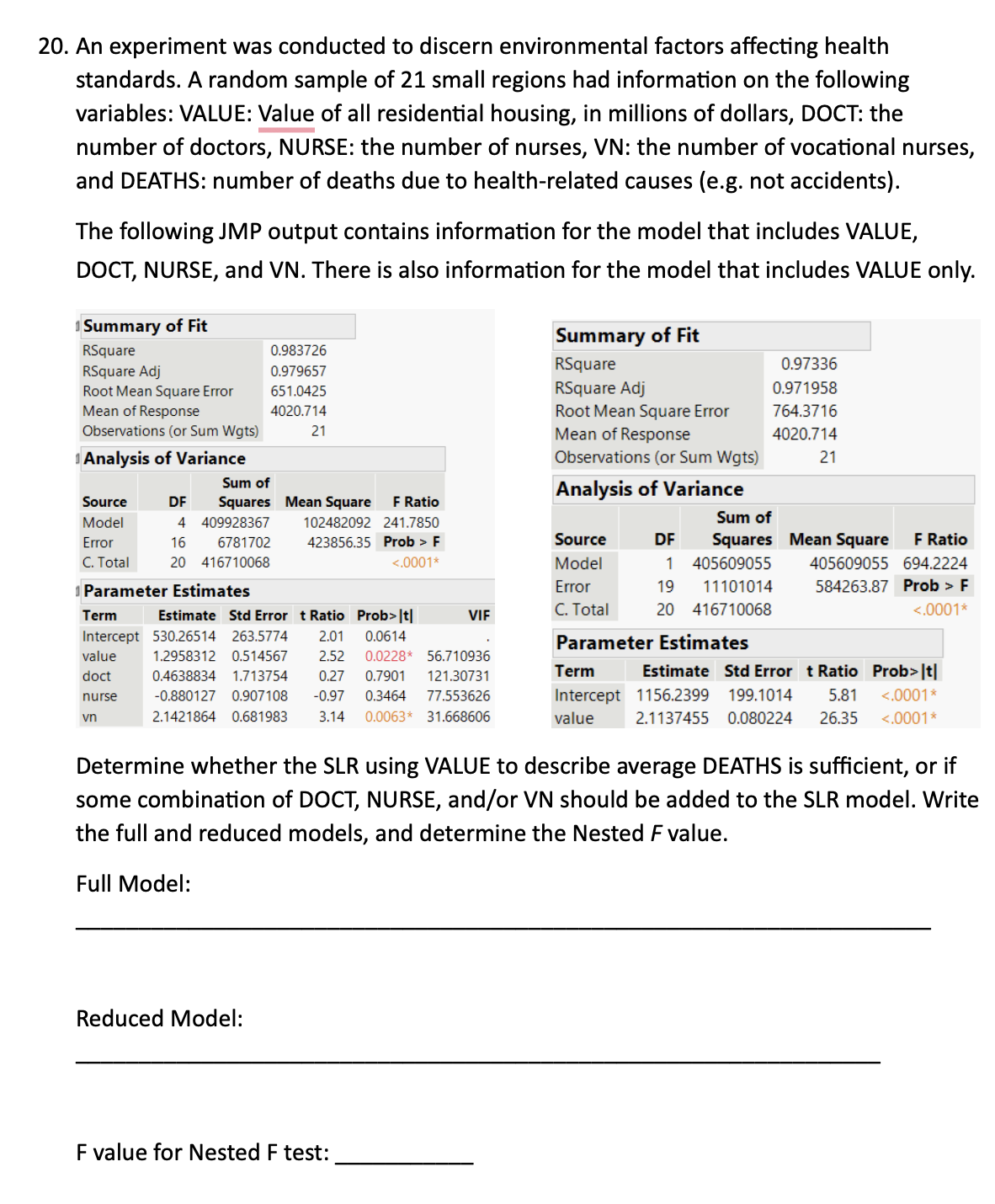 Determine whether the SLR using VALUE to describe | Chegg.com