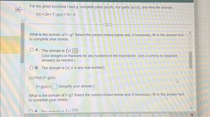Solved For the given functions f and g, complete the parts | Chegg.com