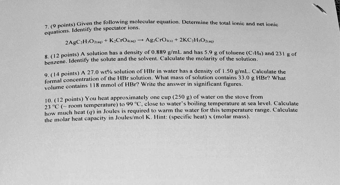 Solved (9 points) Given the following molecular equation. | Chegg.com Solved (9 points) Given the following molecular equation. | Chegg.com