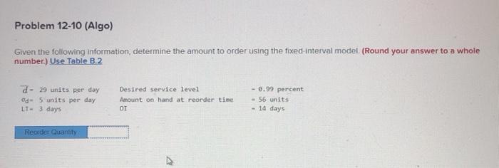Solved Problem 12-10 (Algo) Given the following information, | Chegg.com