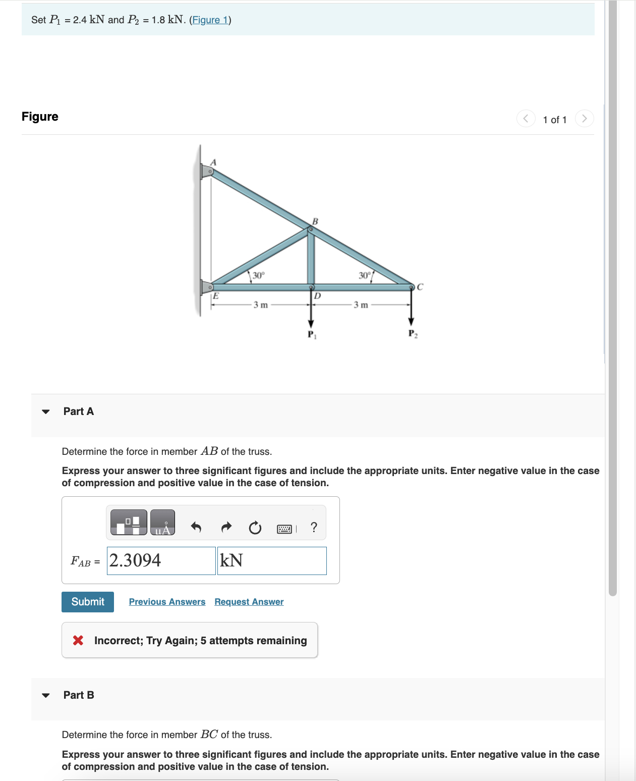 Solved FigurePart ADetermine the force in member \( ﻿A B \) | Chegg.com