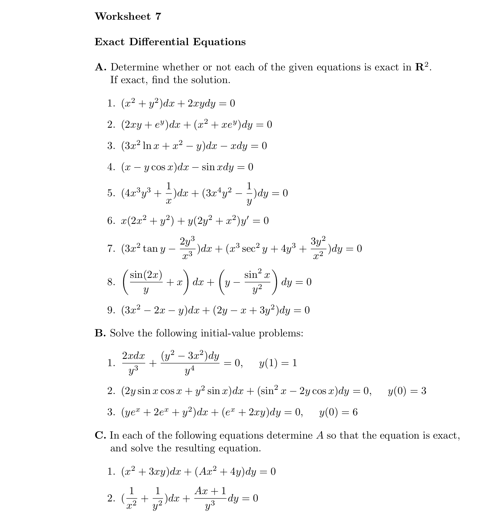 Solved Worksheet 7exact Differential Equationsa ﻿determine