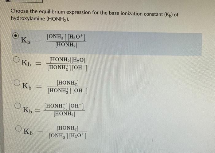Solved Choose the equilibrium expression for the base | Chegg.com