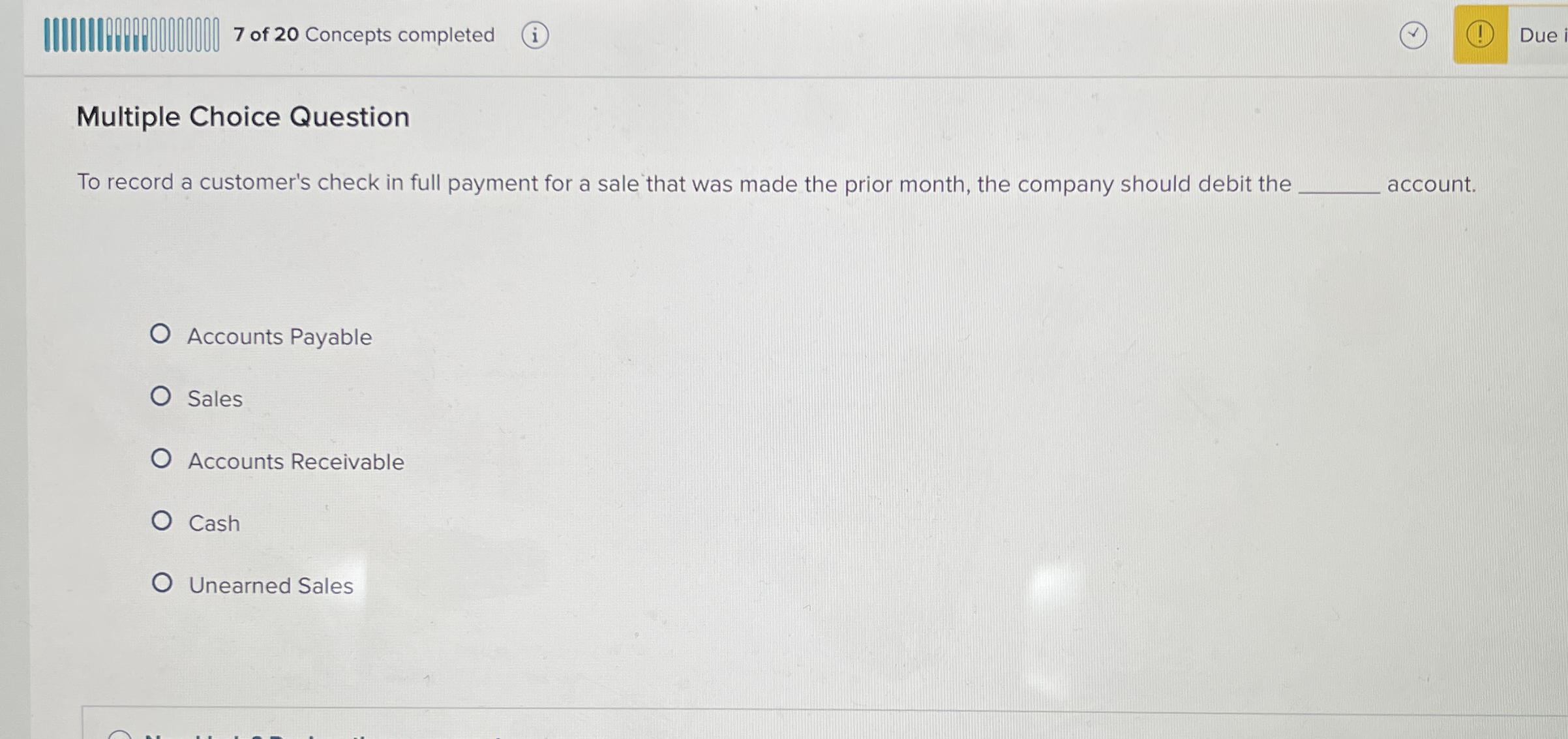 Solved 7 ﻿of 20 ﻿Concepts completed(i)(!)Due iMultiple | Chegg.com