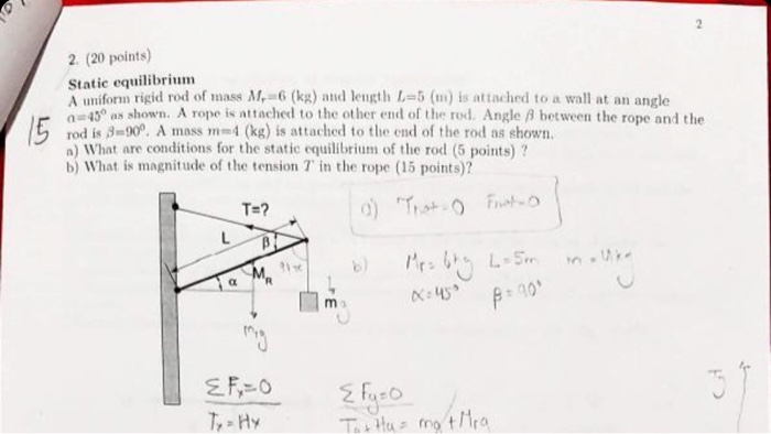Solved 2. (20 points) Static equilibrium A uniform rigid rod | Chegg.com