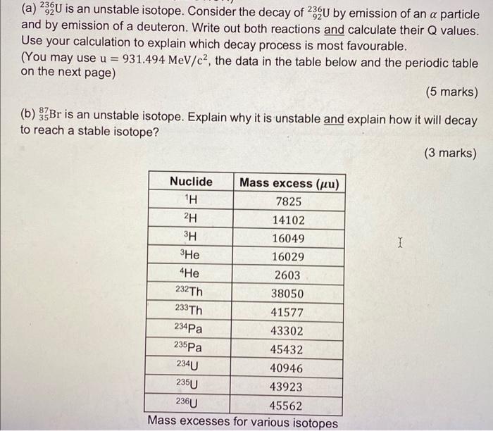 Solved (a) 92236U is an unstable isotope. Consider the decay | Chegg.com