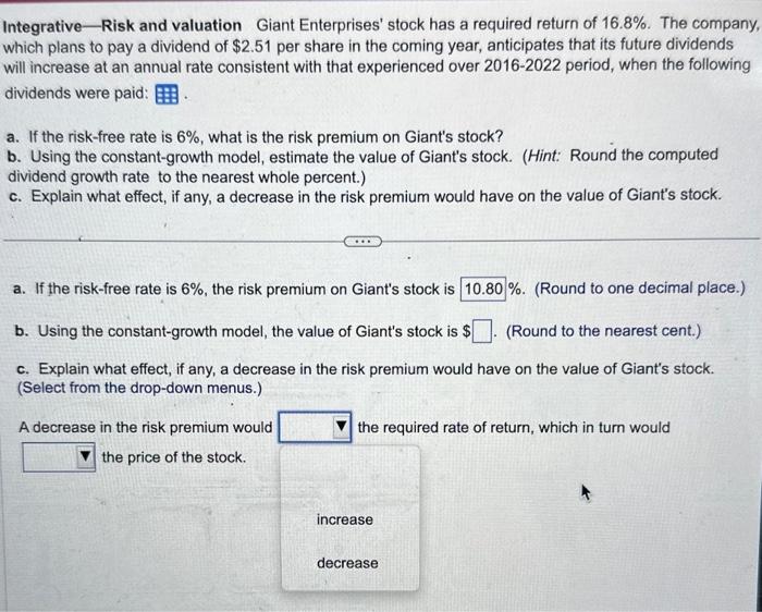 Solved Integrative-Risk and valuation Giant Enterprises' | Chegg.com