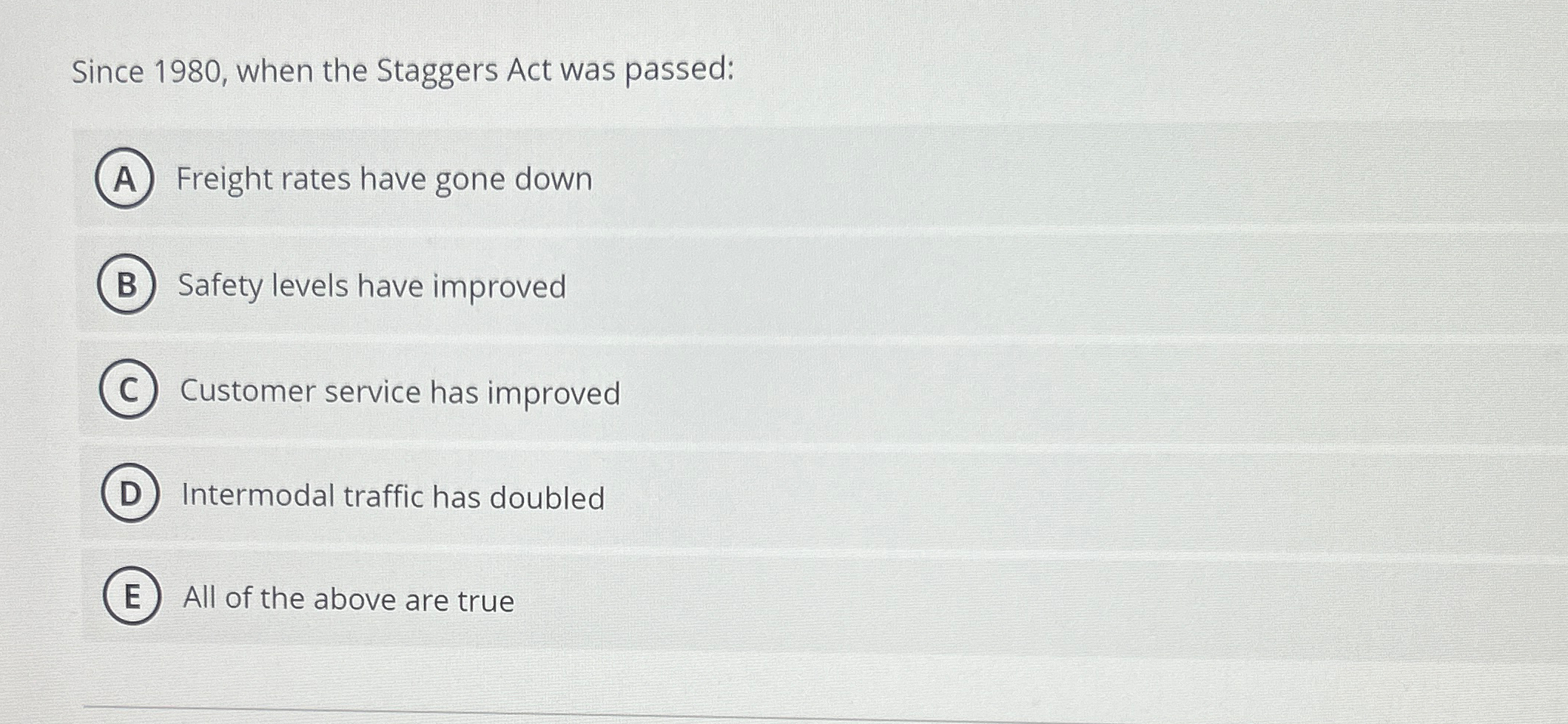 Solved Since 1980, ﻿when the Staggers Act was passed:Freight | Chegg.com