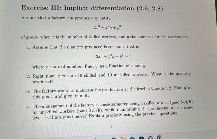 Solved Exercise III: Implicit differentiation (2.6,2.8) | Chegg.com