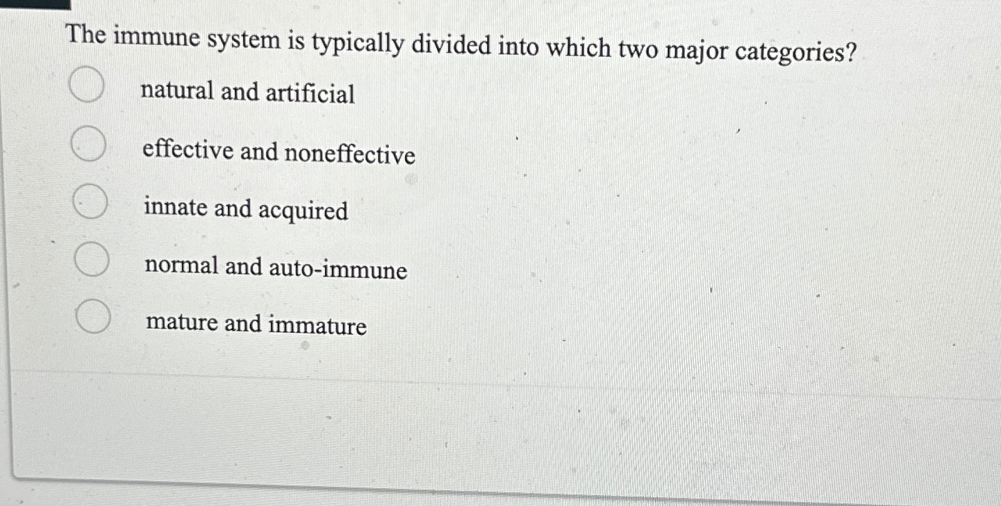 Solved The immune system is typically divided into which two | Chegg.com