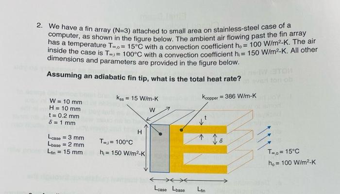 Solved 2. We have a fin array (N=3) attached to small area | Chegg.com