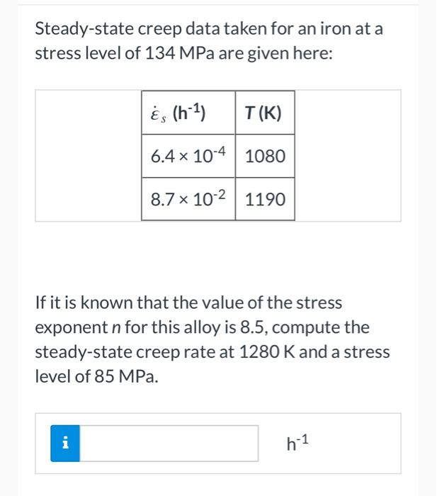 Solved Steady-state creep data taken for an iron at a stress | Chegg.com