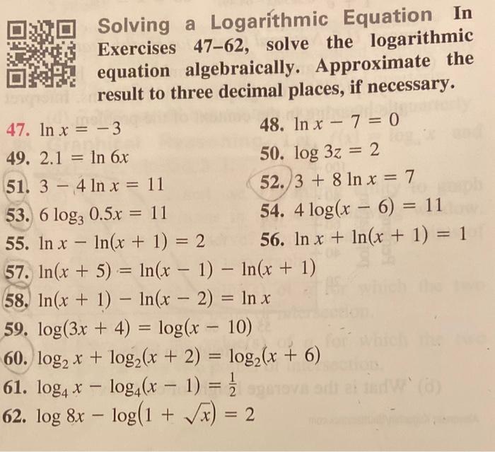 Solved Solving a Logaríthmic Equation In Exercises 47-62, | Chegg.com