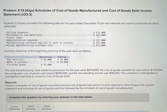 Solved Problem 3-13 (Algo) Schedules of Cost of Goods | Chegg.com
