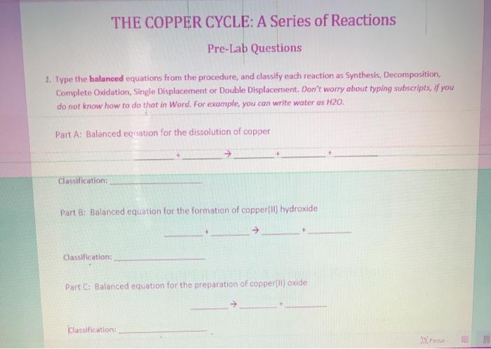 Solved THE COPPER CYCLE: A Series of Reactions Pre-Lab | Chegg.com