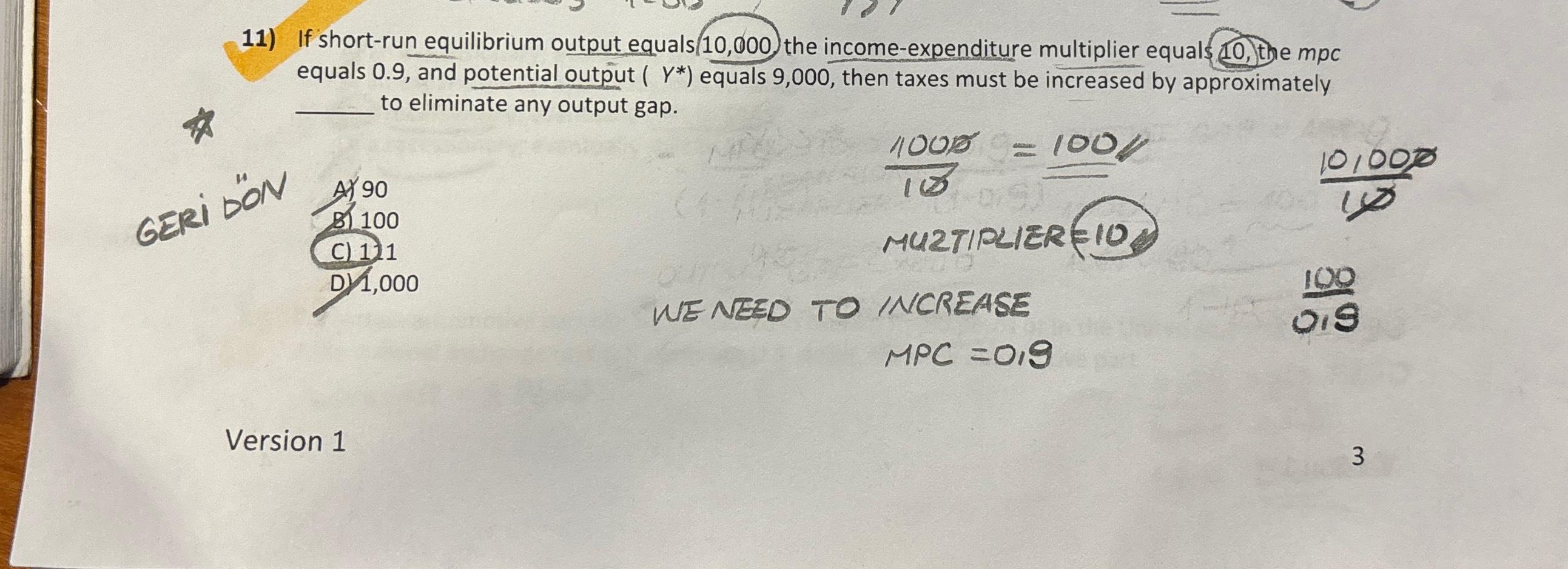Solved If short-run equilibrium output equals 10,000 ﻿the | Chegg.com