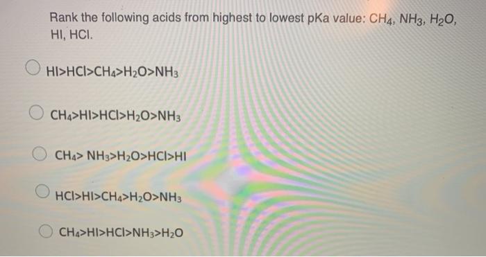 Solved Rank the following acids from highest to lowest pka | Chegg.com