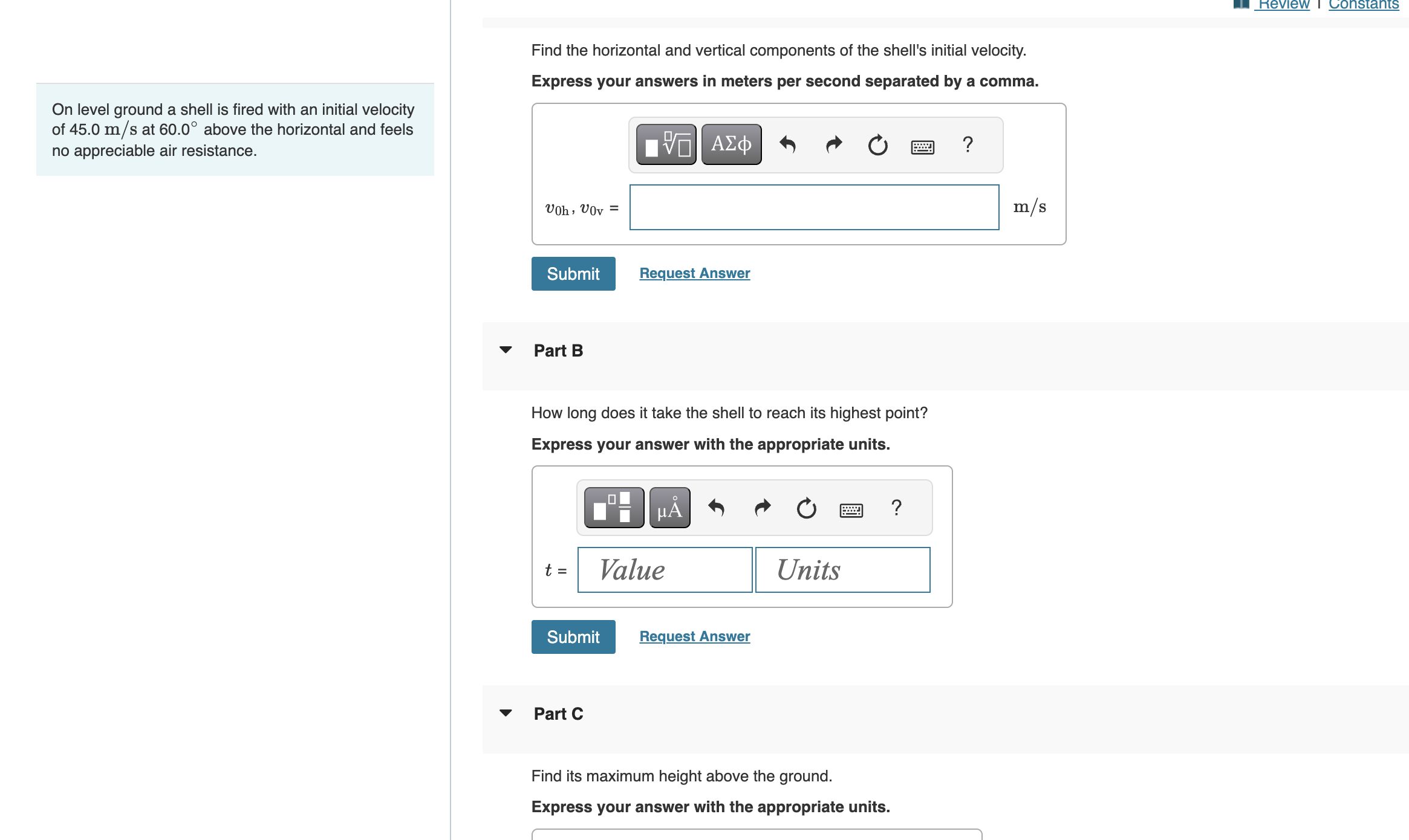Solved On level ground a shell is fired with an initial | Chegg.com