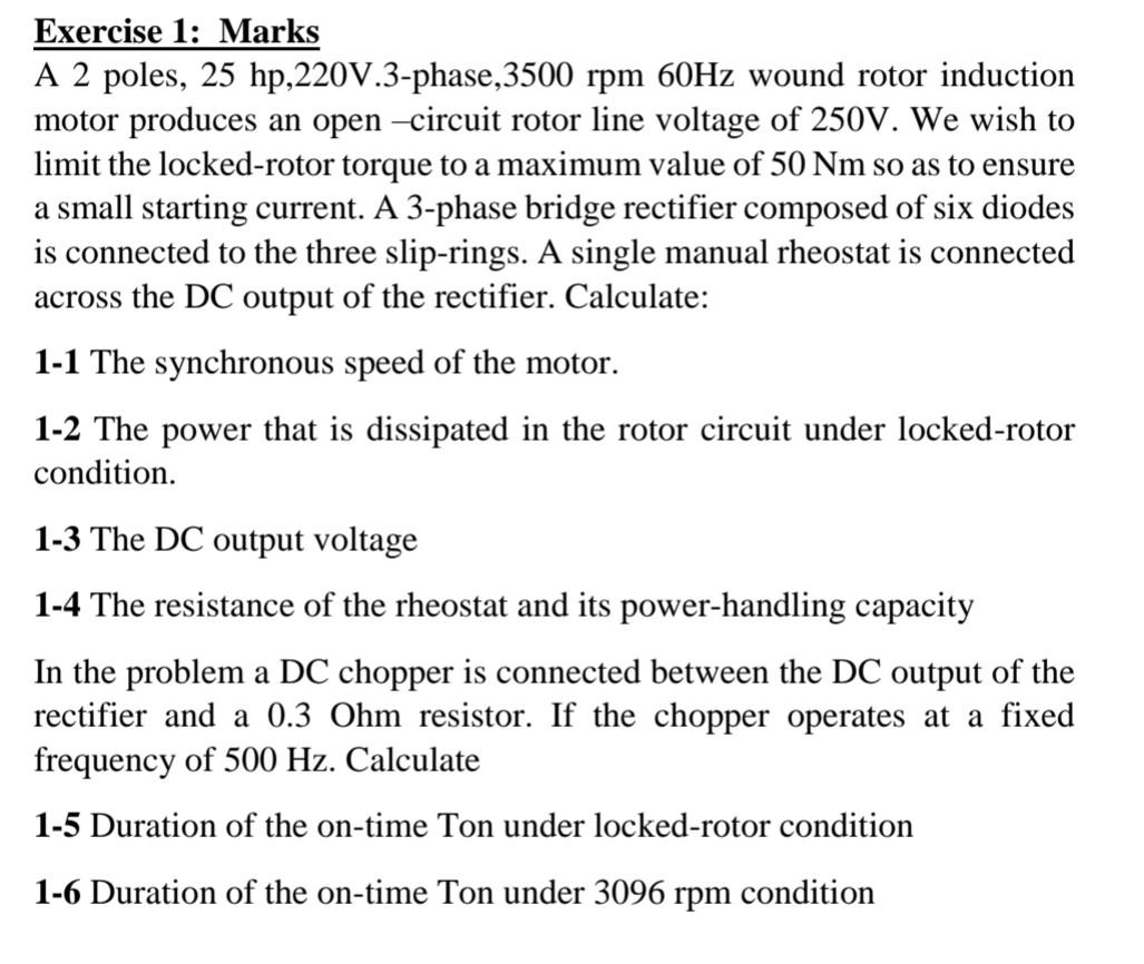 Solved Exercise 1 Marks A 2 Poles 25 Hp 220V 3 phase 3500 Chegg