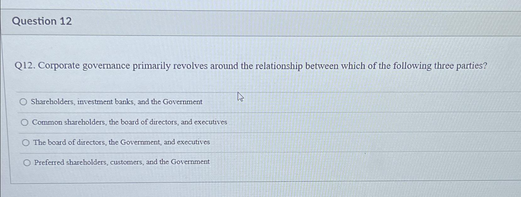 Solved Question 12Q12. ﻿Corporate governance primarily | Chegg.com