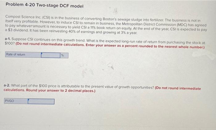 Solved Problem 4-20 Two-stage DCF model Compost Science Inc. | Chegg.com